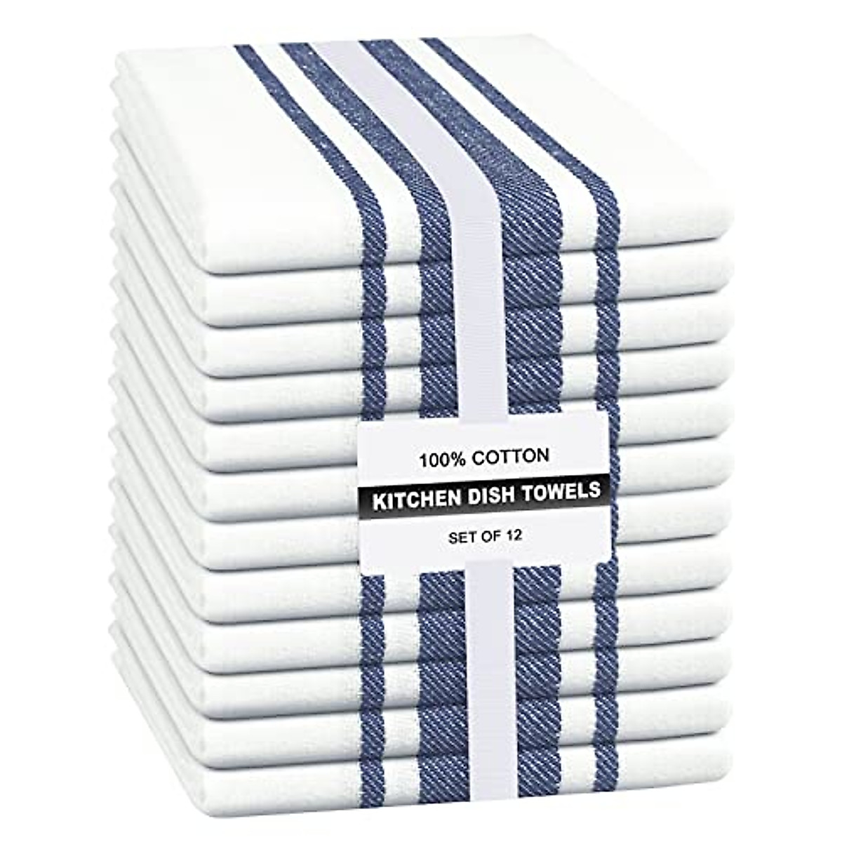 Linen Hub Set of 12 Kitchen Dish Towels Cotton 15x25 Absorbent Durable Washable, Tea Towels, Dish Cloths, Bar Towels, Cleaning Towels, Kitchen Towels with Hanging Loop, Blue White