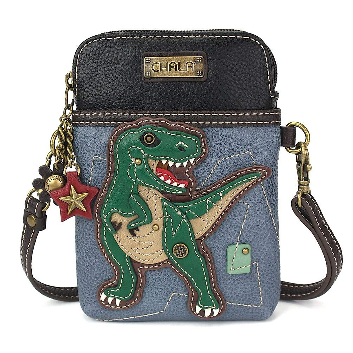 Chala Handbags T-Rex Cellphone Crossbody Handbag - Convertible Strap Blue 5" x 7.5" x 1"