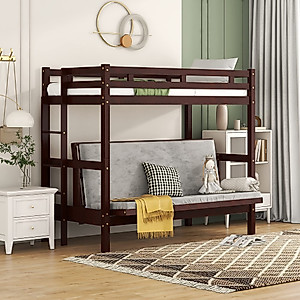 Harper & Bright Designs Twin Over Futon Bunk Bed,Wood Futon Bunk Bed Frame,Twin Over Full Bunk Bed with Couch,Detachable Bunk Bed Futon for Kids,Teens,Espresso