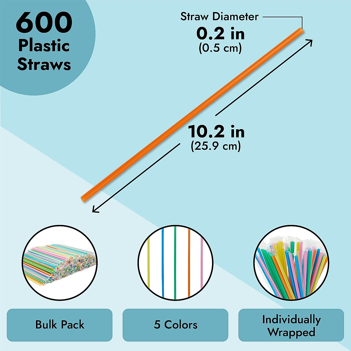 600-Pack Colorful Individually Wrapped Plastic Drinking Straws, Extra Long, Bulk, Disposable Party Supplies, 5 Colors (10.2 in)