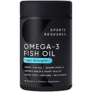 Sports Research Triple Strength Omega 3 Fish Oil - Burpless Fish Oil Supplement w/EPA & DHA Fatty Acids from Wild Alaskan Pollock - Heart, Brain & Immune Support for Men & Women - 1250 mg, 90 ct