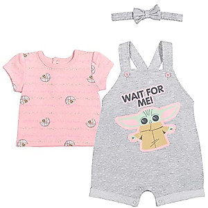 STAR WARS The Child Infant Baby Girls French Terry Snap Short Overalls T-Shirt and Headband 3 Piece Outfit Set Light Gray 18 Months