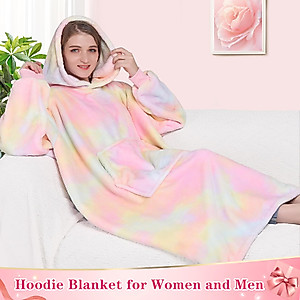 Waitu Wearable Blanket Sweatshirt Gifts for Women and Men, Warm and Cozy Rainbow Blanket Hoodie, Thick Flannel Hoodie Blanket with Sleeves, Blanket Robe for Adults and Kids