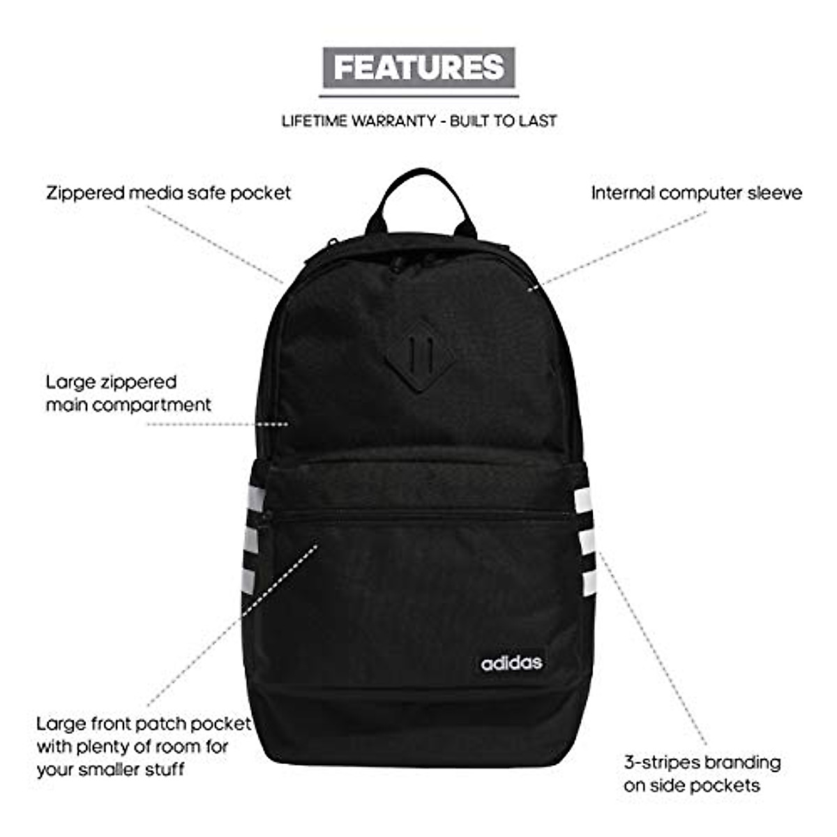 adidas Classic 3S Backpack, Black/White Test, One Size