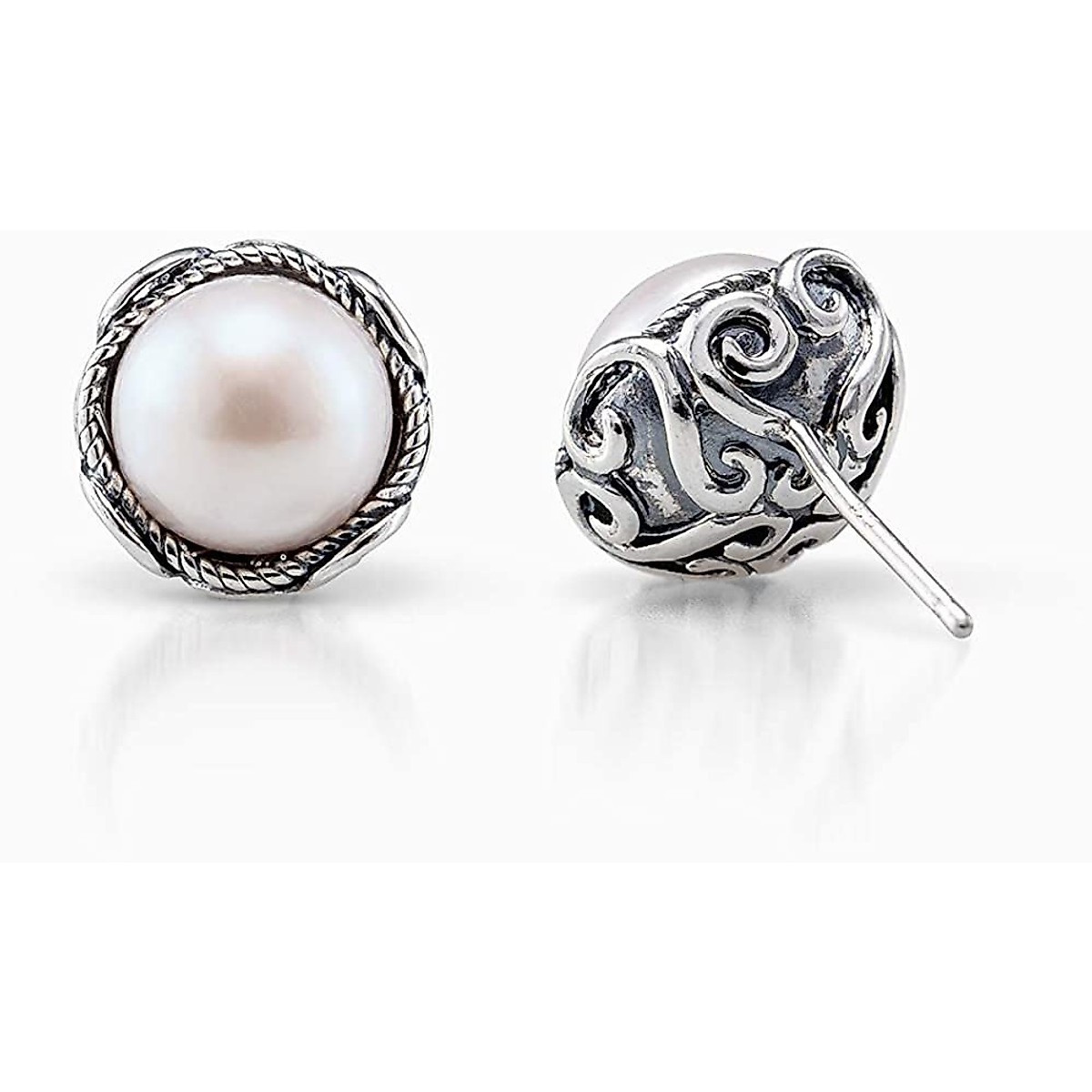 Joolala Circle of serenity – Fresh Water Cultured Round White Pearl in 925 Silver Post and Nut Stud Earrings for Women