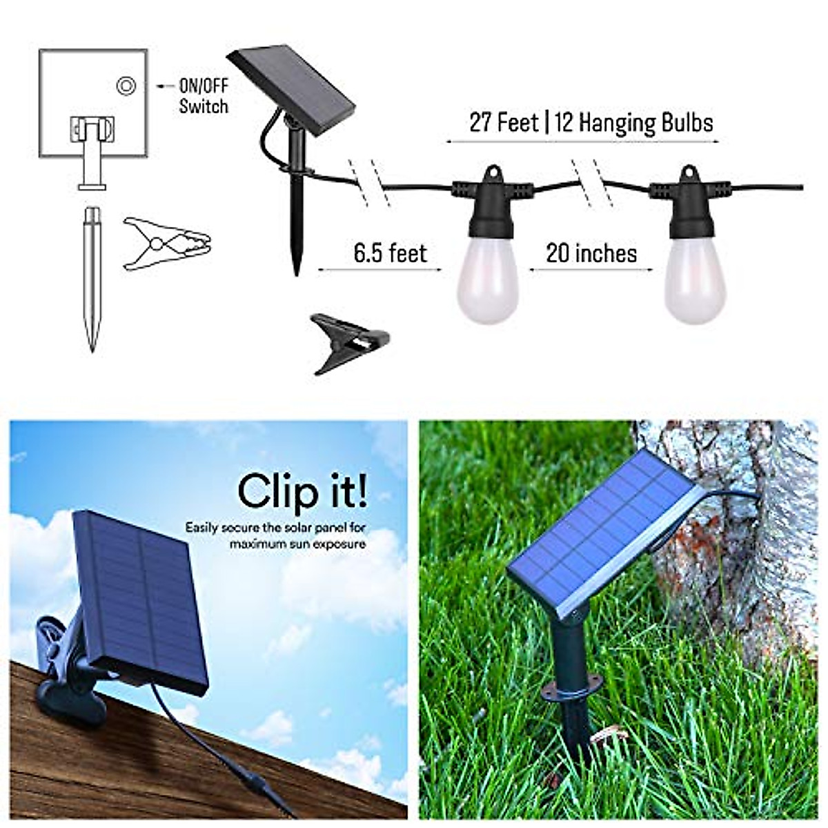 Brightech Ambience Pro Solar Powered LED Outdoor String Lights - 27 Ft Commercial Waterproof Patio Lights with Flaming, Flickering Bulbs - Shatterproof String Lights for Your Halloween, Porch, Deck