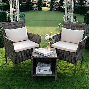 Tappio 3 Piece Patio Conversation Bistro Set, Porch Balcony Furniture Set Outdoor Chat Furniture, Wicker Chairs and Storable Table Set for Yard Balcony Backyard Apartment, Gray/Beige