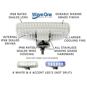 Wave One Marine | Dual Color LED Boat Spreader Light Deck Flood Beam Stainless Hardware & Bracket IP68 Waterproof Multicolor Bright High Lumen Output (White Housing, White & Blue)