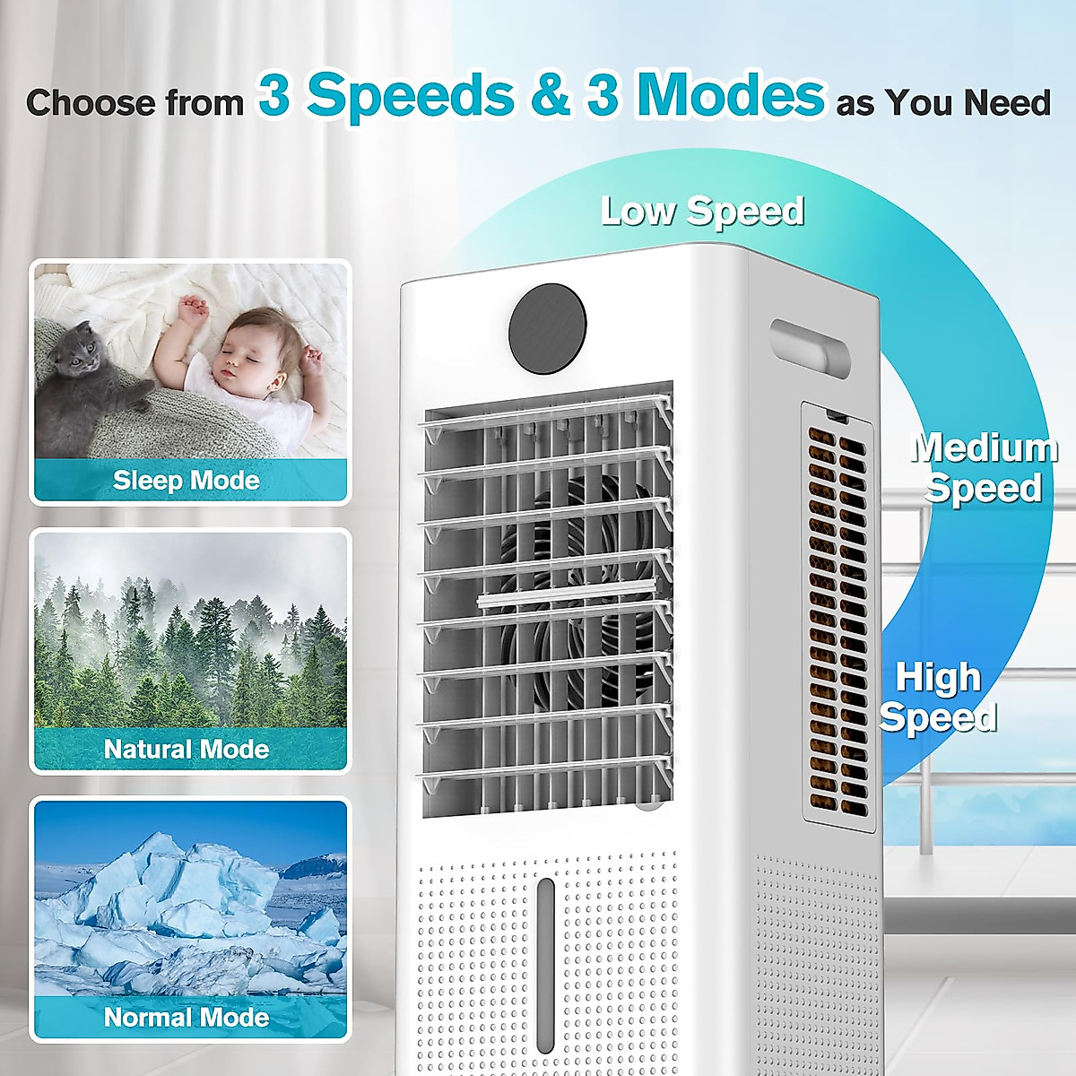 Windowless Portable Air Conditioner, 12H Timer & 2-Gal Tank, 3-IN-1 Portable AC Unit with Remote, 75°Oscillation, 3 Modes & 3 Speeds, Ultra-Quiet 24" Ventless Swamp Cooler for Room Home Office