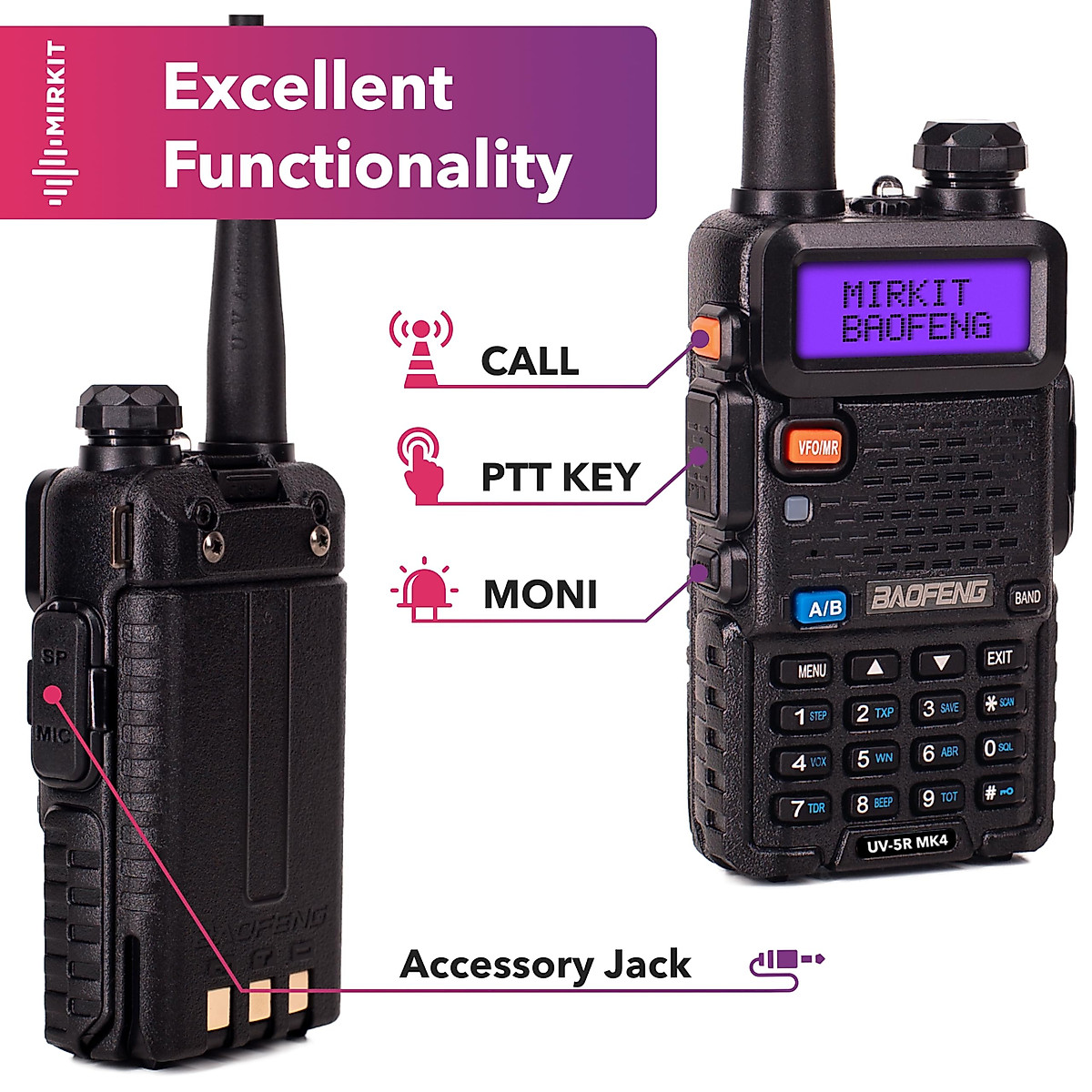 BAOFENG UV-5R MK4 MIRKIT 8W Max Power 2024 Ham Radio VHF/UHF 144-148/420-450 mhz Two Way Radio with 1800 mAh Baofeng Battery, Mirkit Lanyard Ham Radio & Software for walkie talkie