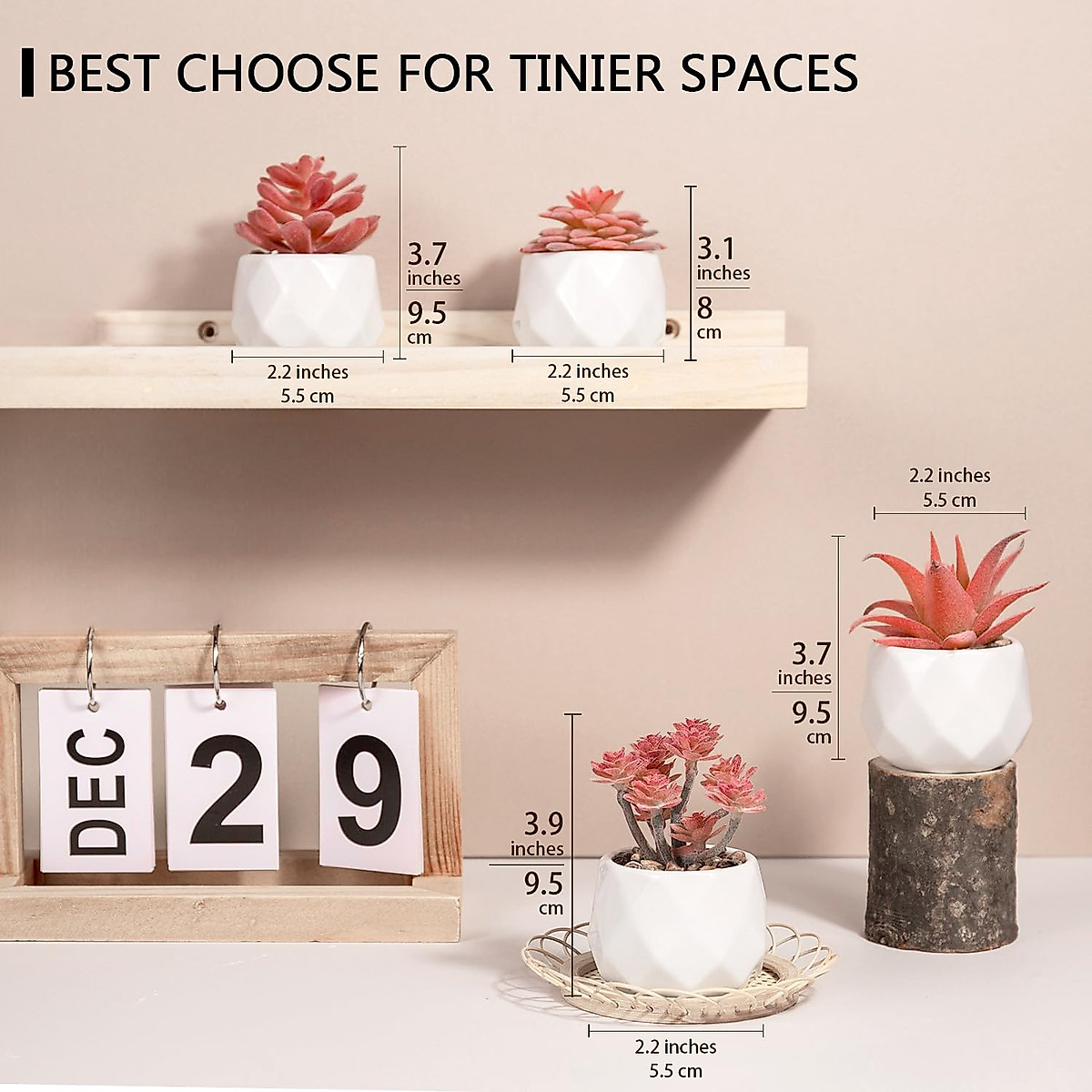 VIVERIE Mini Succulents Plants Artificial in Pots-Rose Pink, Small Fake Succulents Plants for Home Decor Indoor for Women, White Ceramic, Set of 4