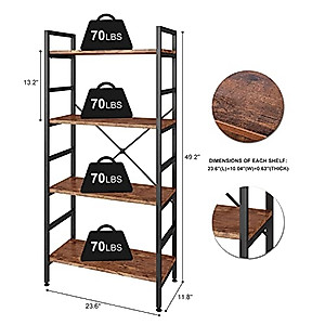 Steehoom 4-Tier Adjustable Bookshelf, Rustic Wood and Metal Standing Tall Bookcase, Open Back Modern Industrial Bookshelves Organizer