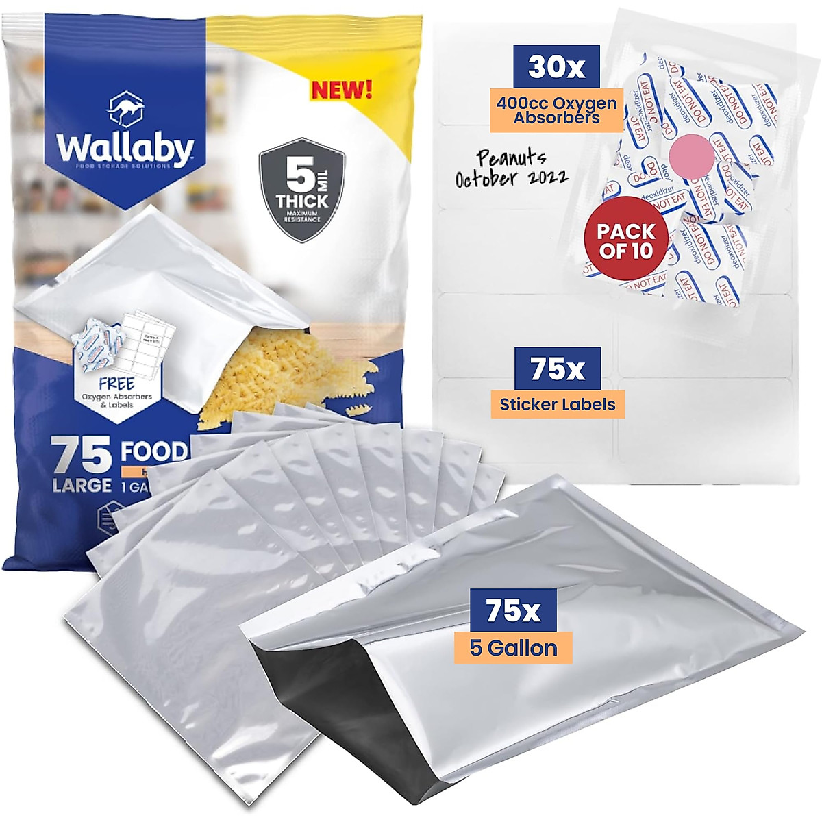 75x Wallaby 1-Gallon Mylar Bag Bundle - (5 Mil - 10" x 14") Mylar Bags, 80x 400cc Oxygen Absorbers, 80x Labels - Heat Sealable, Food Safe, & Reliable Long Term-Food Storage Solutions - Silver
