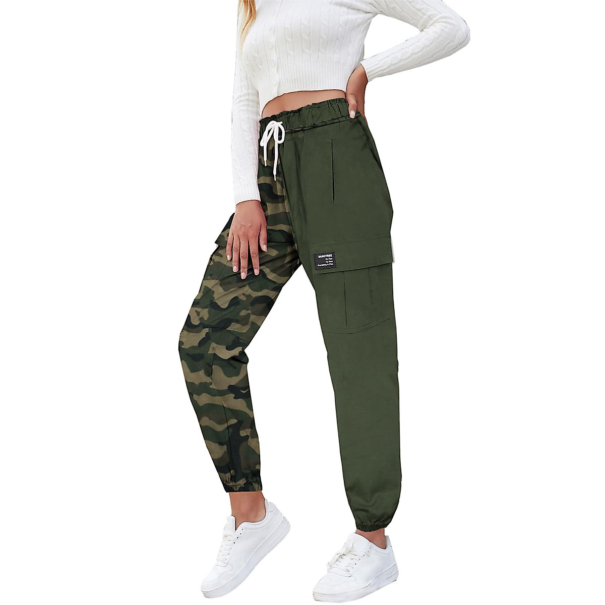 SANGTREE Women's Cargo Pants Elastic Waist Drawstring Tapered Jogger Pants with Pockets for Women,Camo,L
