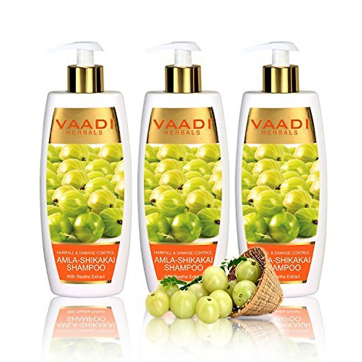 Vaadi Herbals Amla with Shikakai & Reetha Shampoo - Hair Fall and Damage Control Shampoo - ALL Natural - Paraben Free - Sulfate Free- Suitable for All Hair Types - Value Pack of 3 X 11.8 Oz