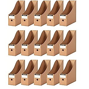 Foldable Desk File Holder Organizer Sturdy Cardboard Magazine Storage Box Document Rack with Blank Label Stickers for Home School Office (15, Brown)