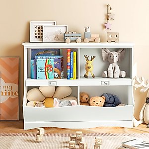HOMGX Toy Storage Organizer, Open Kids Storage Cubby with 2 Shelves & 4 Bins, Multifunctional Toy Storage Cabinet for Nursery, Playroom(White)