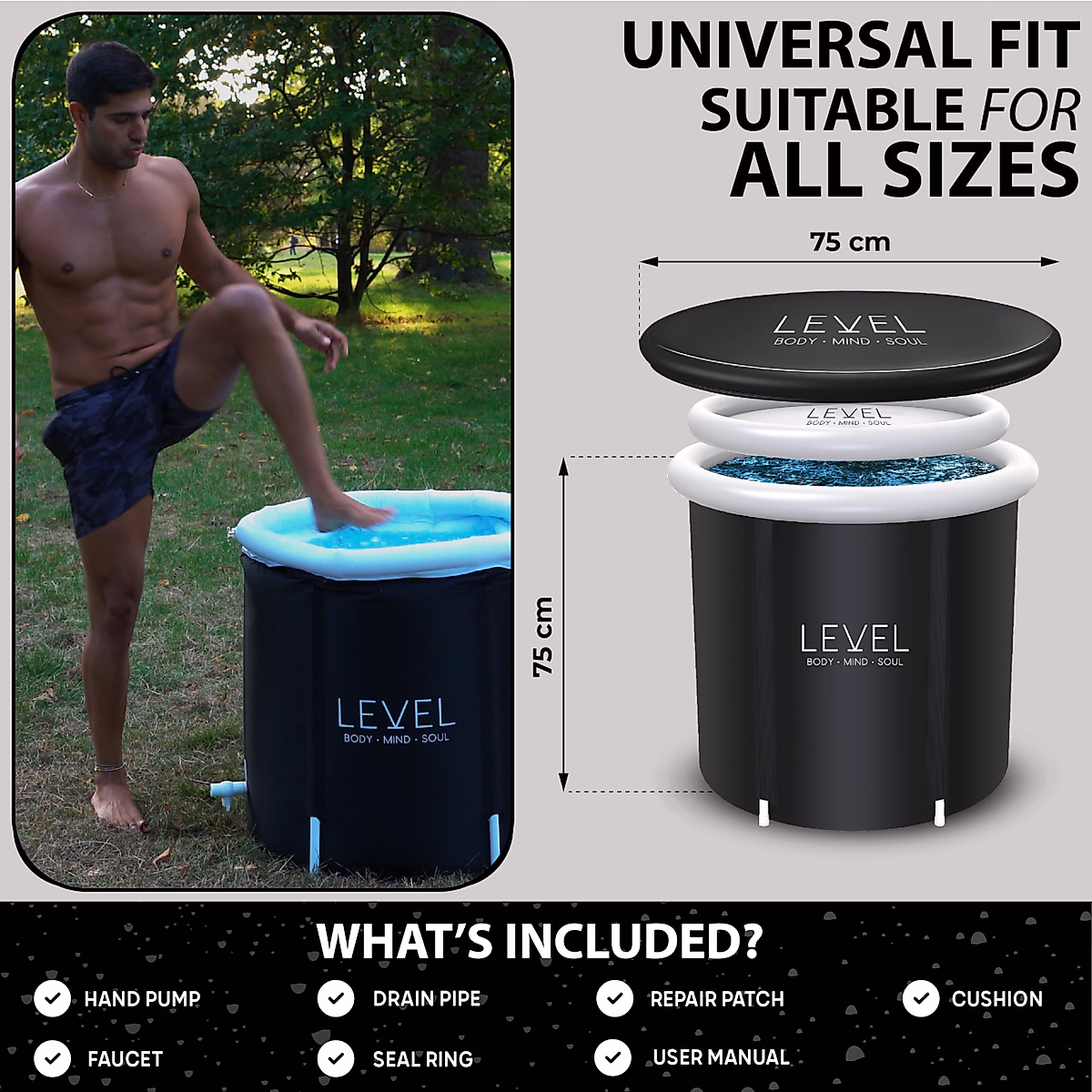 Level Body Mind Soul - Portable Ice Bath with Cover included - Ice Bath for athletes, post-workout recovery Cold Therapy - Can help improve Sleep and your general Wellbeing - 29x29 Inches