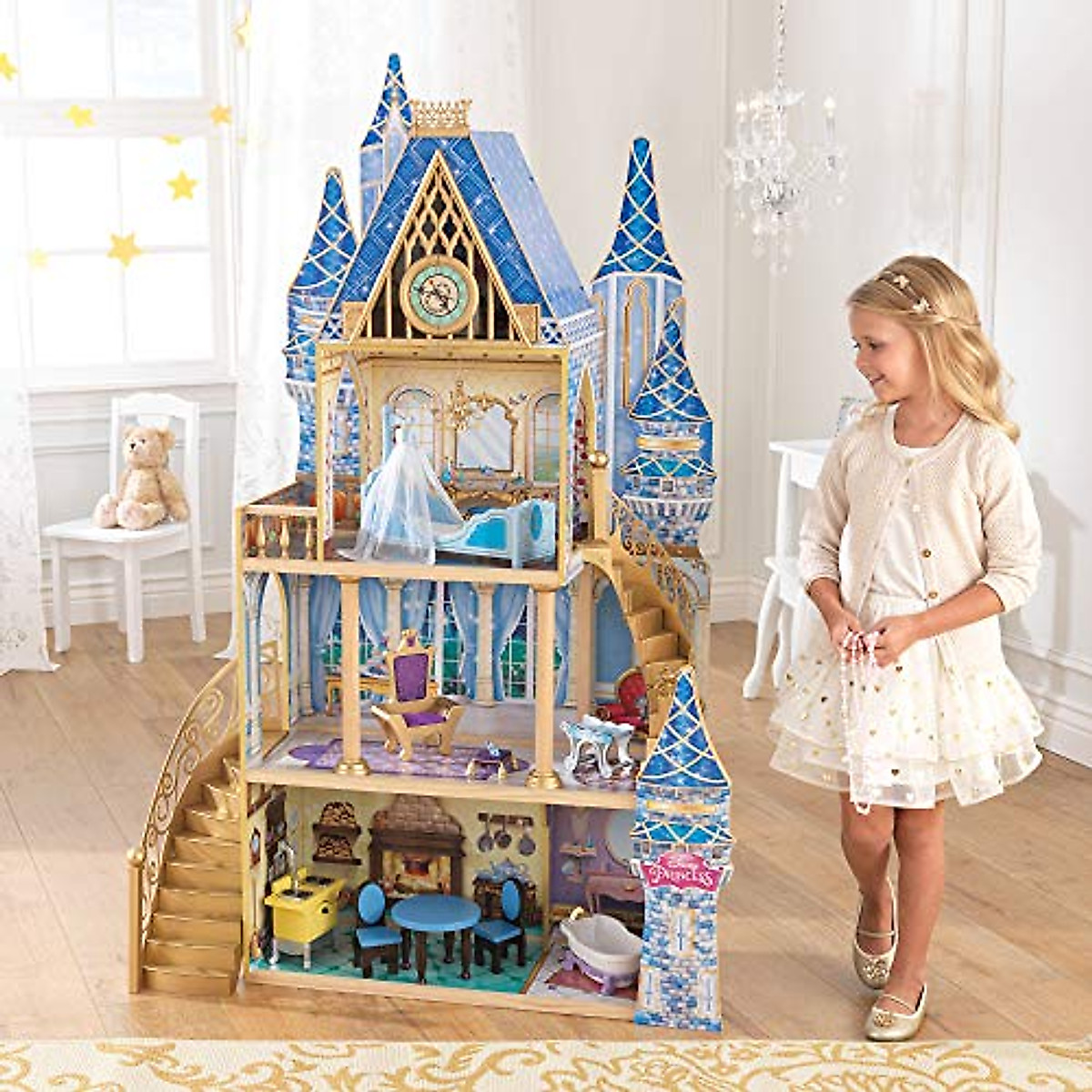 KidKraft Disney® Princess Cinderella Royal Dream Wooden Castle Dollhouse, Over 4 Feet Tall with 12 Pieces, Blue, Gift for Ages 3+