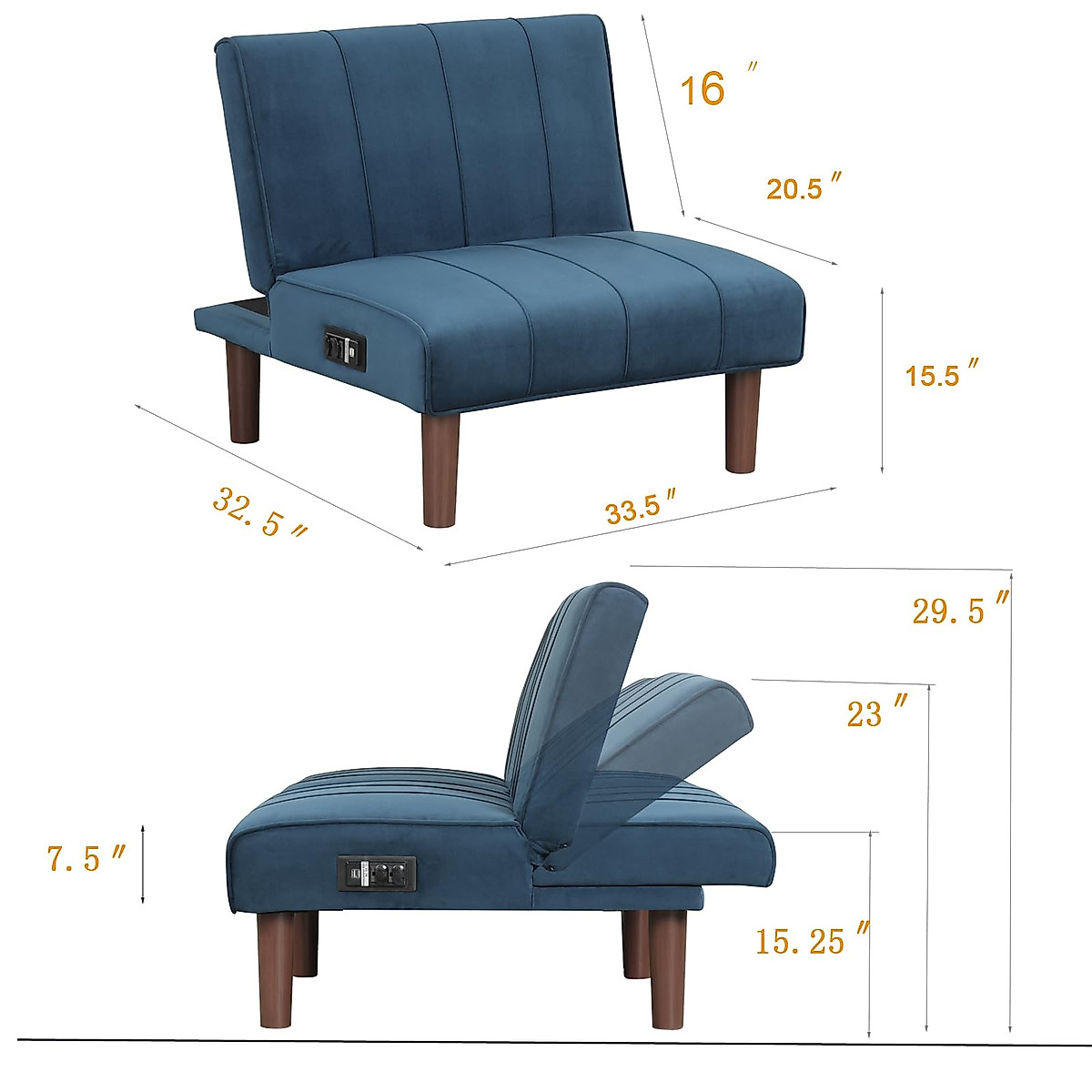 JUBILOOM Comfy Small Mini Couch, Recliner Futon, Armless Mini Sofa with Adjustable Backrest& 3 USB Port, Single Sofa Couches for Small Spaces, Living Room Office, Blue Velvet, 305BL1USB