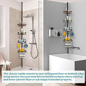 WPT Black Shower Caddy Corner Organizer for Bathroom, Stainless Steel Tension Pole Corner Shelf Shower Caddy Stand for Bathtub Shampoo Storage, 4 Tier Adjustable Shelves, 28.7 to 104.7 Inches