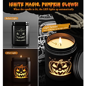 Halloween Candle with LED Pumpkin Face, Halloween Decor Fall Candle with Pumpkin Spice Scent, Pumpkin Candle Over 40 Hours of Burn Time, Gift for Halloween Decorations Indoor, 100% Soy Wax