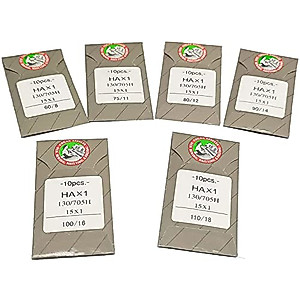 Bequilter 60pcs(10PCS Each Size) Organ Flat Shank Home Sewing Machine Needles 15X1 HAX1 130/705H Size 8,11,12,14,16,18 for Brother Singer