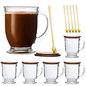Ufrount 15 OZ Glass Mugs with Lids,Clear Glass Coffee Mugs with Handle,Classic Coffee Cups with Lids and Spoons,Latte Mugs Cappuccino Tea Mugs for Breakfast,Cereal, Milk,6 Pack