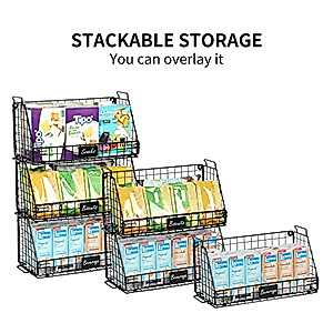Stackable Pantry Baskets Household Food Storage Organizer with Handles Name Plate 3 Pack-13.7 Wide, Foldable Snack Rack Stand with Open Front Stacking Farmhouse Bins for Countertop Cabinets Kitchen