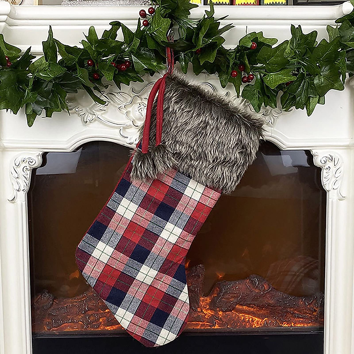 Christmas Stockings Personalized with Dog Paws Buffalo Plaid 18" Large Stocking Xmas Hanging Socks Red Set Modern Art Decor Set for Farmhouse Tree Fireplace Gifts Home Kitchen Car Season