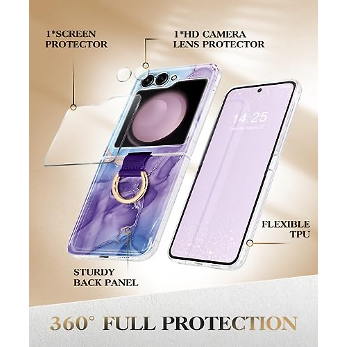 Vowodu Marble Case for Samsung Galaxy Z Flip 5 Case with Ring, [Precise Camera Protection]+[1*Screen Protector], Wireless Charging Anti-Scratch Shockproof Case for Z Flip 5 5G (Blue Purple)