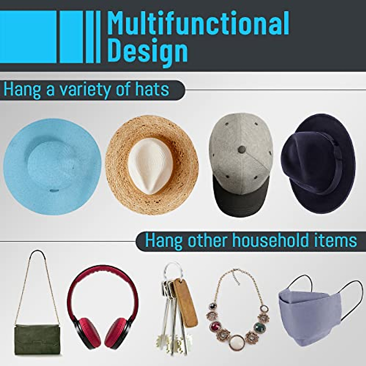 ZHWKMYP 8 Pcs Hat Rack, Adhesive Black Hat Hooks for Wall, Hat Rack Wall Mount for Baseball Caps Boys Room