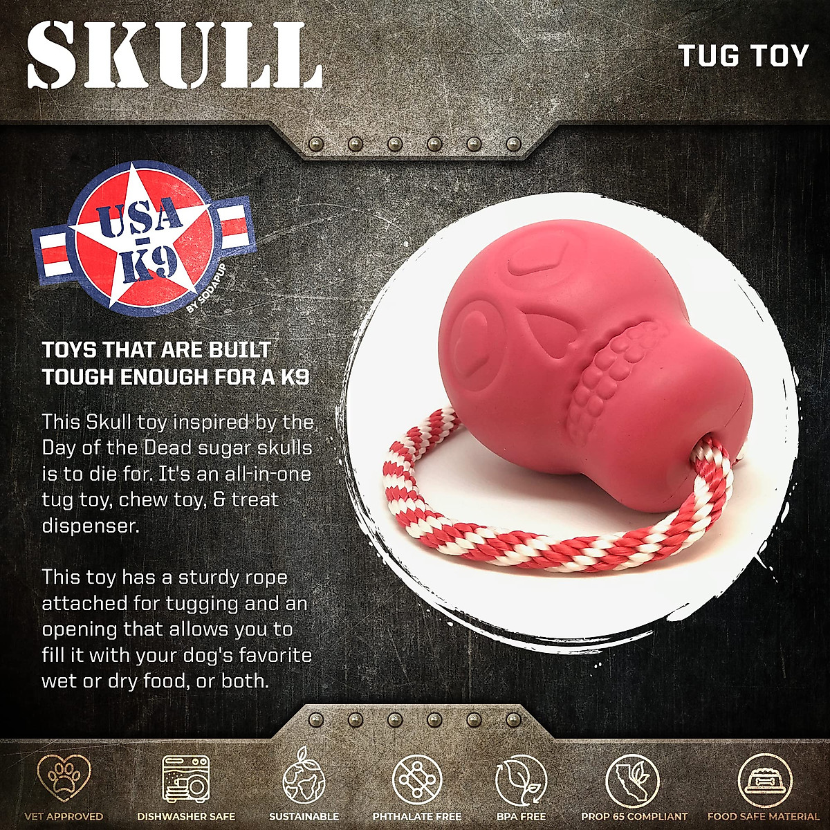 SodaPup USA-K9 Skull – Durable Dog Tug Toy, Chew Toy, & Treat Dispenser Made in USA from Non-Toxic, Pet-Safe, Food Safe Natural Rubber Material for Bonding, Mental & Physical Exercise, & More