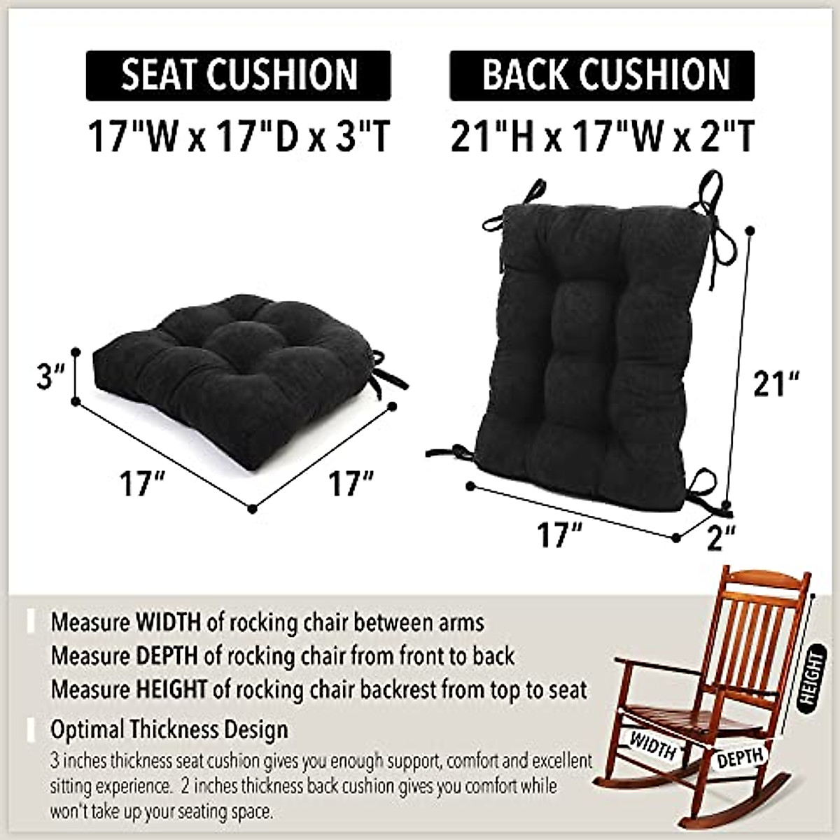 Tromlycs Indoor Rocking Chair Cushion for Rocking Chair Pads Back and Seat Sets with Ties 2 Piece Black
