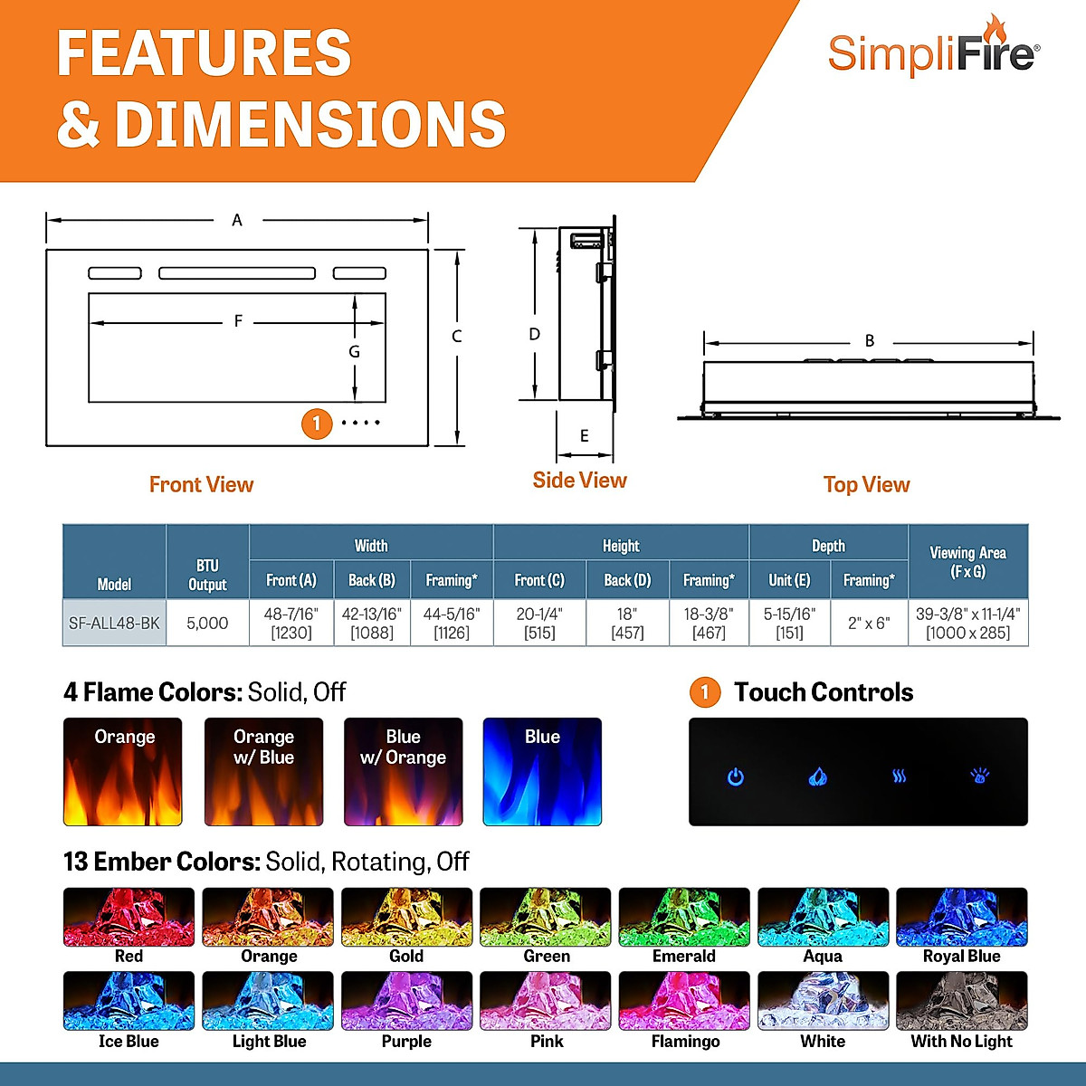 SimpliFire Allusion 60" Recessed Linear Electric Fireplace - Black, SF-ALL60-BK
