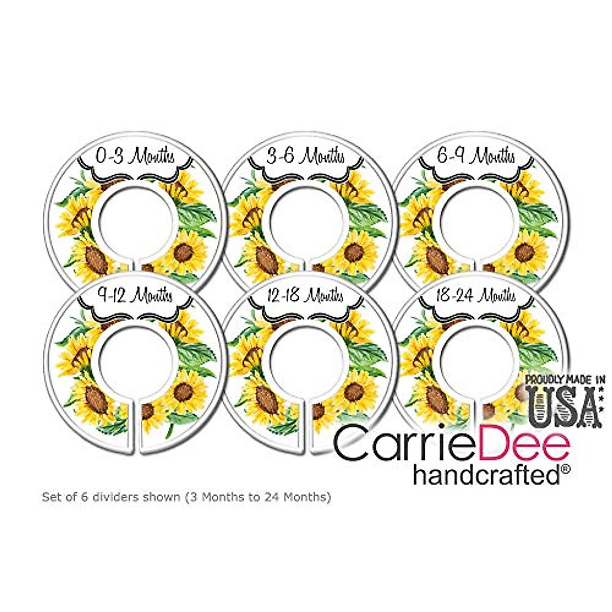 CarrieDee Handcrafted Baby Clothes Size Dividers, Girls Sunflower Nursery Closet Organizers, Baby Girl Floral Nursery Decor (Set of 6 (0-3m - 18-24m))