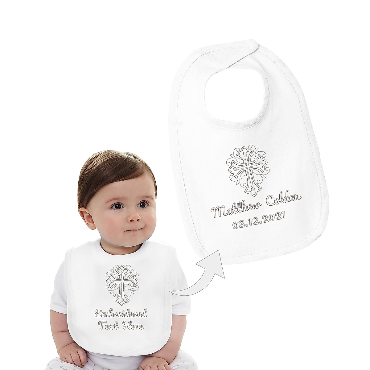 Personalized Baby Christening Embroidered Baby Bib - Customized Cotton Baby Bib with Embroidered Cross, Name & Baptism Date