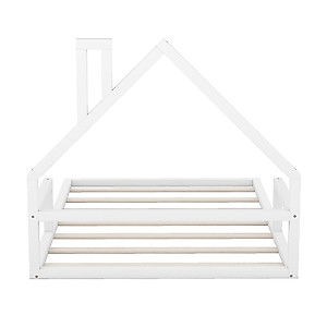 LostCat Full Size Floor Bed Frame with House Shaped Headboard, Wood Montessori Floor Bed for Kids Girls Boys,No Box Spring Needed/Easy Assembly,White