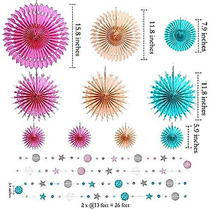 Pastel Blue Pink Peach Tissue Paper Fan Garland Decoration Set 3D Fan Glittering Circle Star Banner Backdrop for Easter Birthday Wedding Graduation Christmas Parties Home Shop Office School Nursery