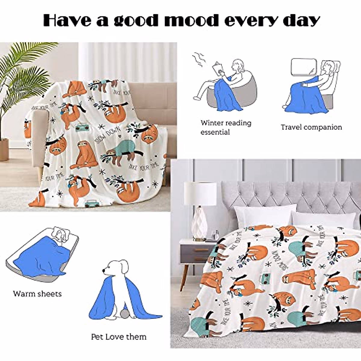 Cute Sloth Blanket, Printed Throw Ultra-Soft Comfortable Flannel Fleece Soft Throw Blanket for Bed Sofa 50x40 Inches (Sloth, 50" x 40")