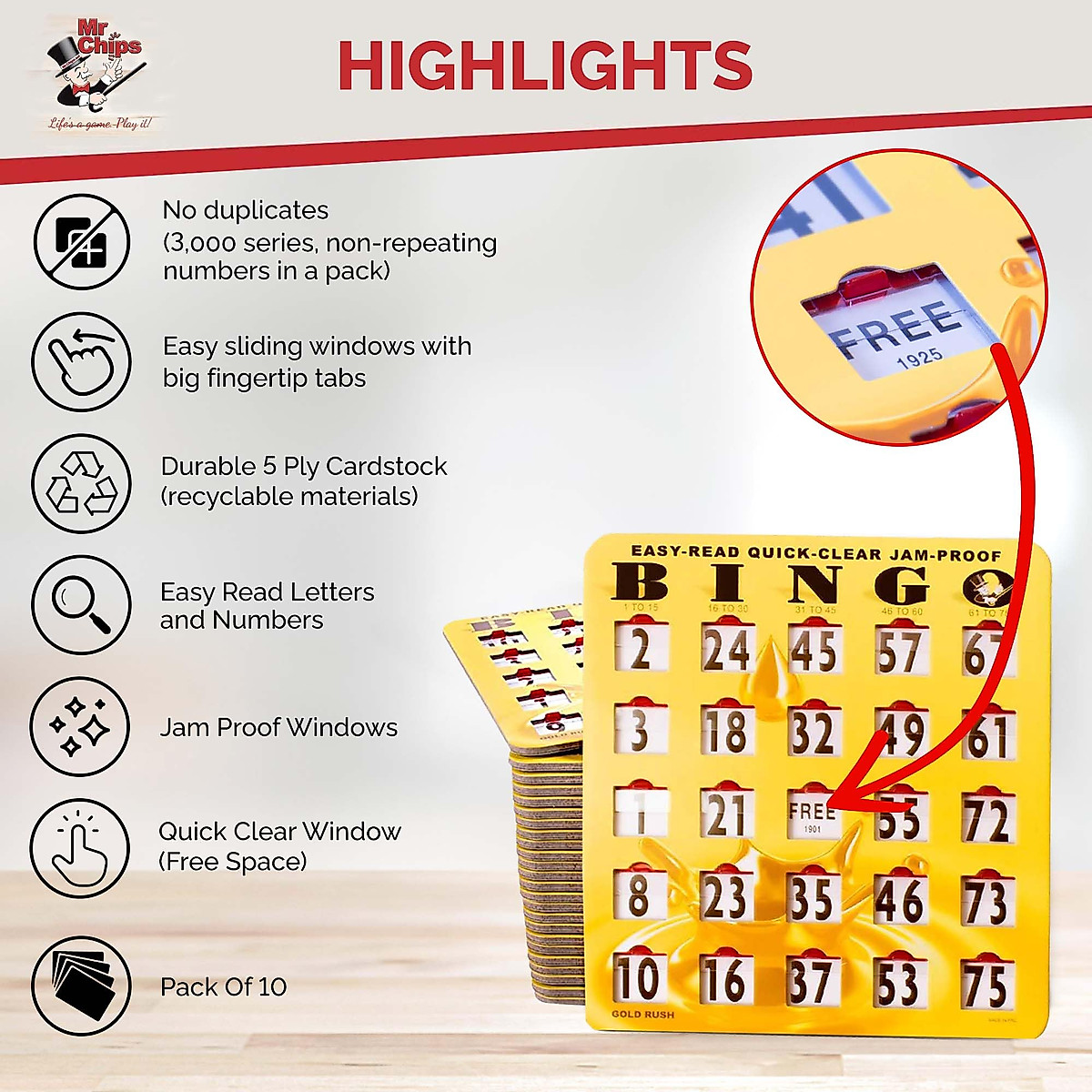 MR CHIPS Jam-Proof Easy-Read Quick-Clear Large Print Fingertip Slide Bingo Cards with Sliding Windows 10 Pack in Gold Rush Style
