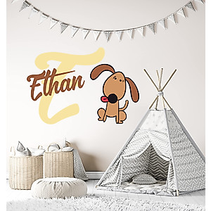 Custom Name and Initial Puppy Wall Decal - Dog Wall Art Decor for Nursery Bedroom playroom Decoration (Wide 40"x23" Height)