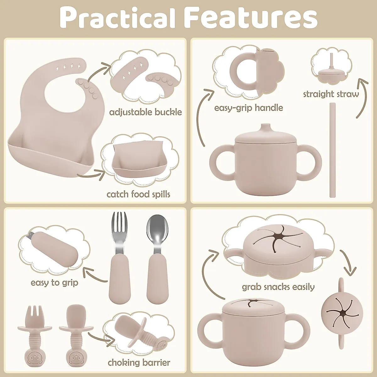 Bufims Silicone Baby Feeding Set, Baby Led Weaning Supplies, Eating Essentials Utensils with Suction Plate and Bowl, Pocket Bib, Sippy Cup with Lid, Forks Spoons Snack Container, for 6+ Months, Beige