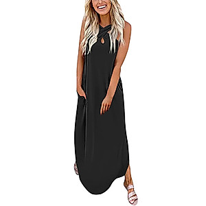 Dresses for Women 2023 Casual Loose Sleeveless Boho Long Beach Dress Criss Cross Slit Side Summer Maxi Sun Dresses