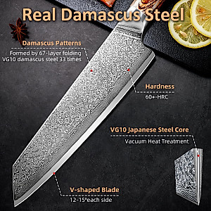 Ompusos Chef Knife 8 Inch, Super Sharp Pro Japanese Kitchen Knives, Damascus Chefs Knife VG-10 High Carbon Stainless Steel, Ergonomic Wooden Handle Cooking Knife, Gift Box for Family & Restaurant