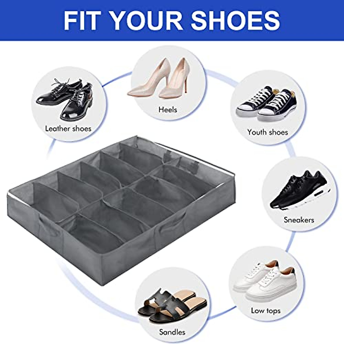 Surblue Under Bed Shoe Storage Organizer Underbed Shoes Closet Storage Solution 2 Metal zippers and 3 Handles with Clear Cover for Men's and Women's Shoes Fits 24 Pairs of Shoes， Set of 2, Grey