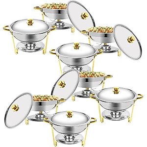 Jwevvie Gold Chafing Dishes for Buffet, 5QT Round Chafing Dish Buffet Set w/Lid, Thickened Stainless Steel Chafers and Buffet Warmers Sets for Weddings, Events, Banquet (8-Pack)