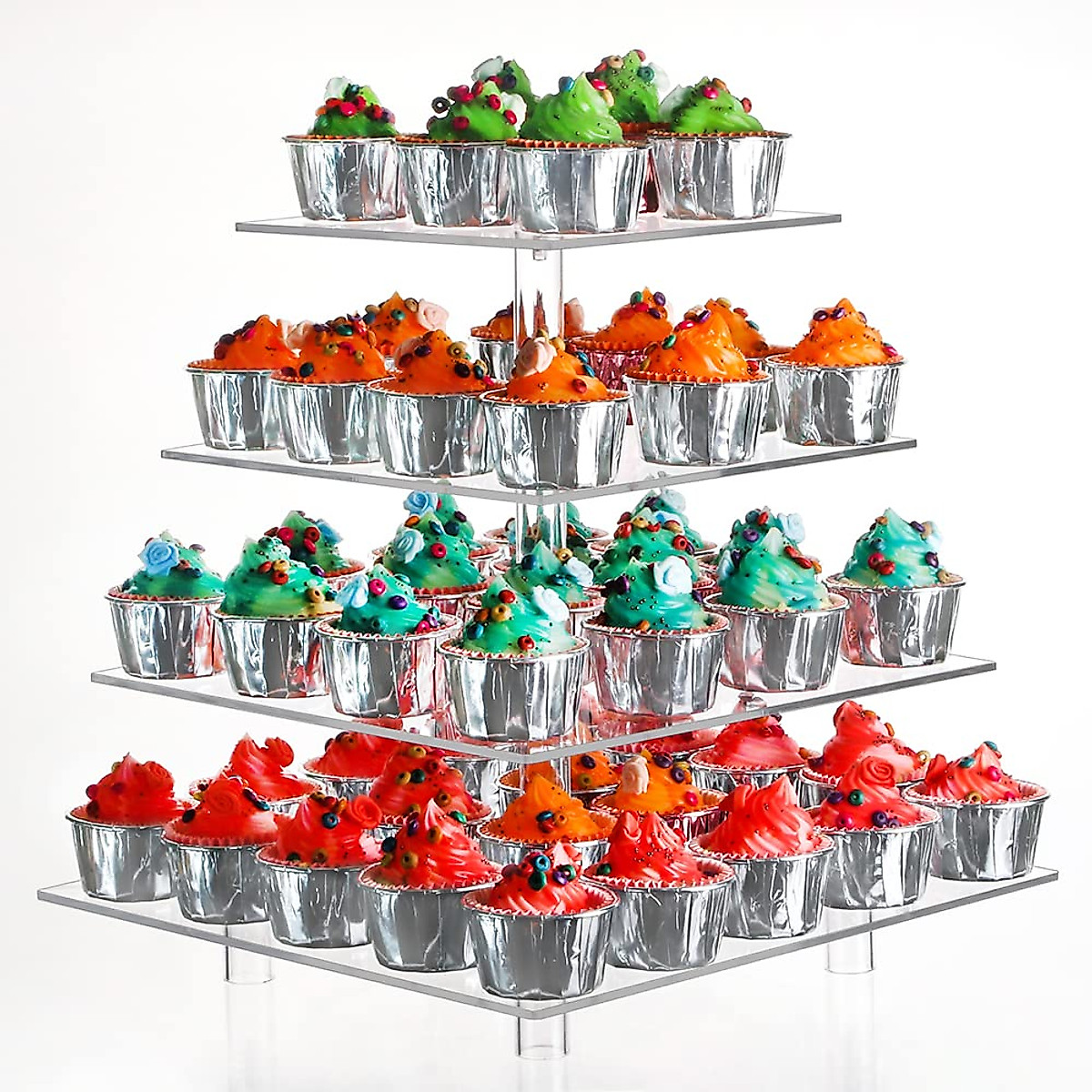 Jusalpha® 13.5'' Width Extra Large 4 Tiered Acrylic Glass Square Cake Stand-Cupcake Stand- Dessert Stand-Tea Party Serving Platter-Candy Bar Party Décor, 4SFL (Square)