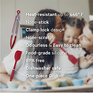 K & G Silicone Cooking Utensils Set 11 pcs red kitchen utensils set with holder, spatula, whisk, tongs, soup ladle, silicone spoon & more. Non-stick, dishwasher safe, odorless, cookware set friendly