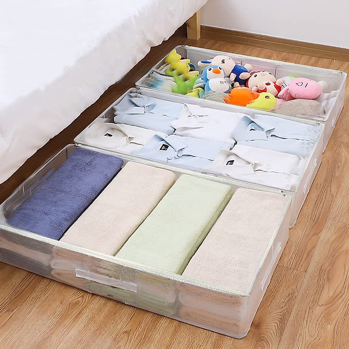 2-Pack Under Bed Storage Containers 58L Foldable PVC Bag Large Capacity Storage Containers with Strong Zipper, 3 Reinforced Handles, Low Profile Underbed Storage Bins for Clothes, Blankets, Shoes